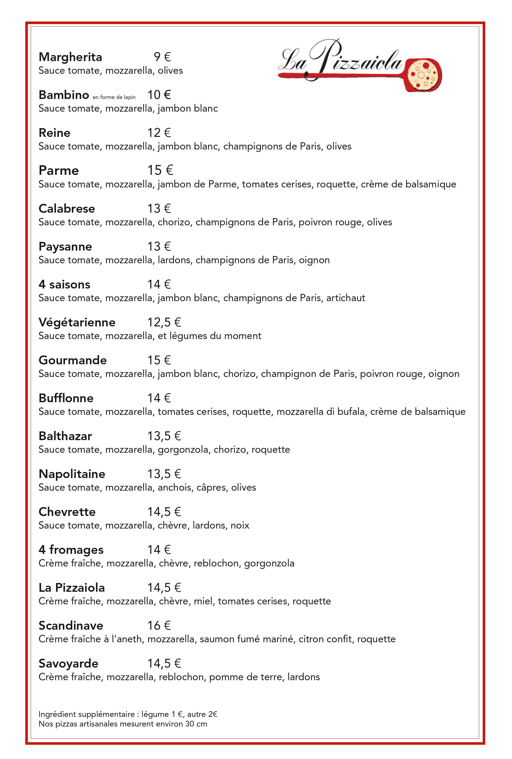 Carte • La Pizzaiola